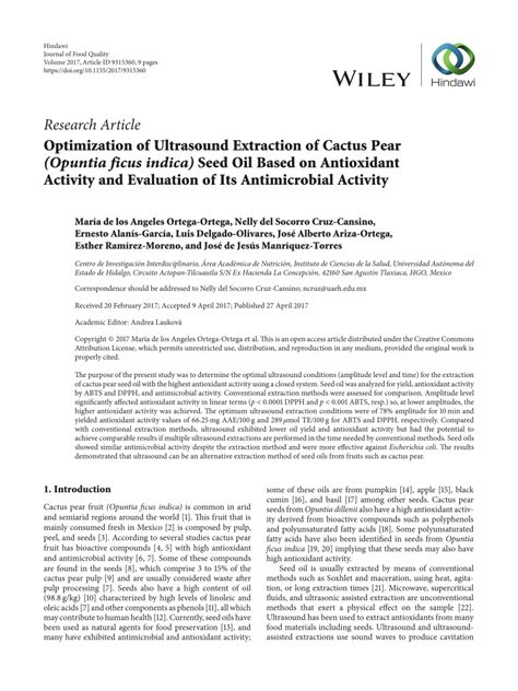 Pdf Optimization Of Ultrasound Extraction Of Cactus Pear Opuntia