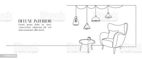 안락 의자와 교수형 램프의 연속 선 그리기 간단한 선형 스타일의 거실 인테리어를위한 현대적인 로프트 가구 편집 가능한 스트로크 낙서 벡터 일러스트 레이 션 로프트 아파트에