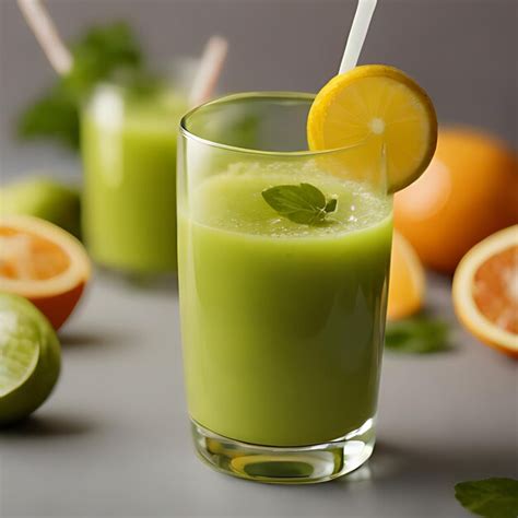 A Glass Of Green Juice With A Straw In It And Oranges On The Table