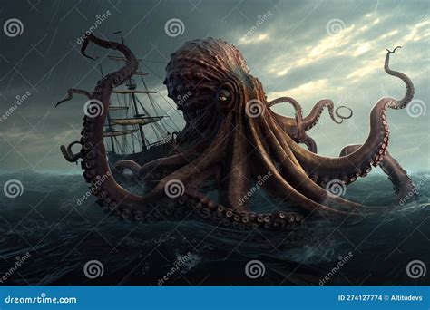 Kraken Rising From The Depths Its Tentacles Reaching For Prey Stock Illustration Illustration