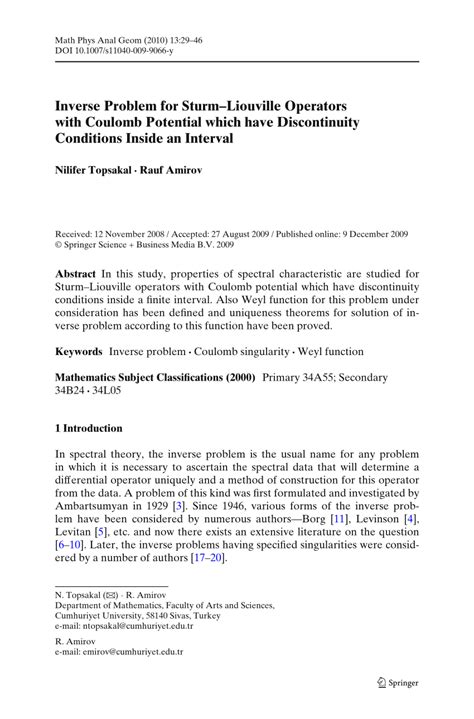 Pdf Inverse Problem For Sturm Liouville Operators With Coulomb Potential Which Have