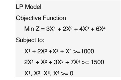Solved Lp Model Objective Function Minz3x12x24x36x4