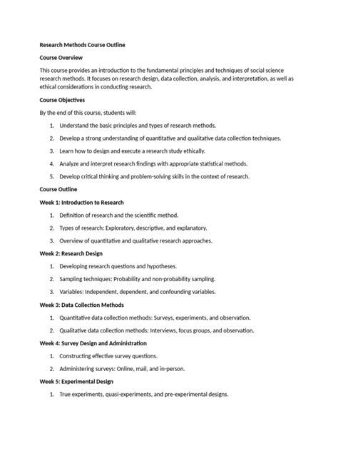 Research Methods Course Outline Pdf Statistics Methodology