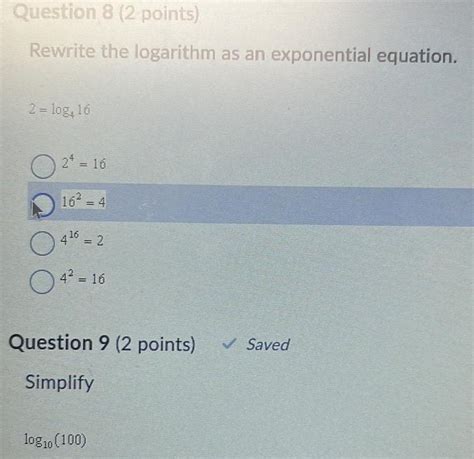 [answered] question 8 2 points rewrite the logarithm as an exponential