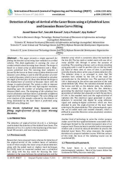 Pdf Irjet Detection Of Angle Of Arrival Of The Laser Beam Using A Cylindrical Lens And