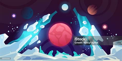 행성 풍경 외계인 미래 공상 과학 소설 만화 배경 낯선 행성과 게임 소설 장면 행성과 어두운 하늘 은하 파노라마 벡터 수평 배경 경관에 대한 스톡 벡터 아트 및 기타 이미지