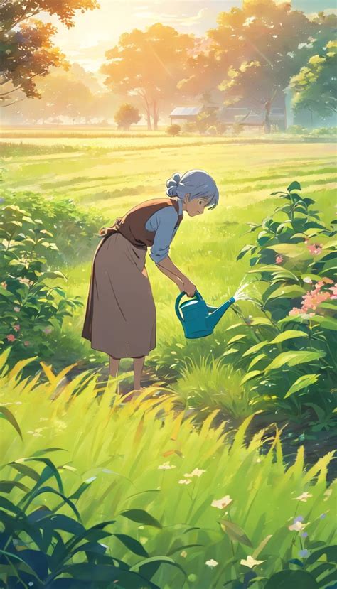 파란색 물뿌리개로 들판의 꽃에 물을 주는 여자 Seaart Ai