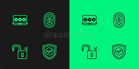 Set Line Shield With Check Mark Open Padlock Laptop Password And