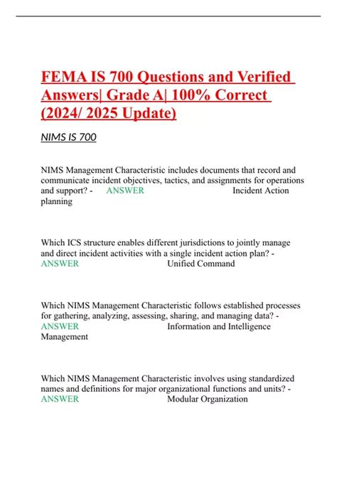 Fema Is 700 Questions And Verified Answers Grade A 100 Correct 2024 2025 Update Nims Is