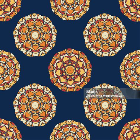 모자이크 형태의 밝고 다채로운 기하학적 둥근 민족 장식 요소의 원활한 벡터 패턴 동양 꽃 모티프가있는 벡터 만다라 배경 귀여운에 대한 스톡 벡터 아트 및 기타 이미지