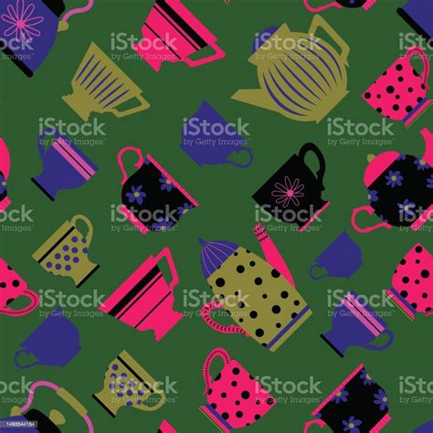 다른 패턴을 가진 멀티 컬러 컵 세트입니다 차 커피 음료 인테리어 배너입니다 세기 중반 손으로 그렸습니다 벡터 그림입니다 가정 주방에 대한 스톡 벡터 아트 및 기타 이미지