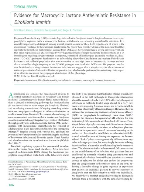 Evidence For Macrocyclic Lactone Anthelmintic Resistance In Dirofilaria Immitis Pdf Single