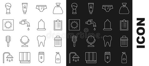 Set Line Bottle Of Liquid Antibacterial Soap Trash Can Clipboard With Checklist Underwear