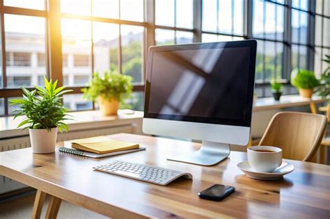 The Office Of A Modern Workspace With Desktop Computer Notebooks And