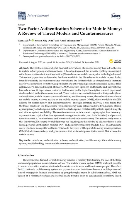 Two Factor Authentication Scheme For Mobile Money A Review Of Threat Models And Countermeasures