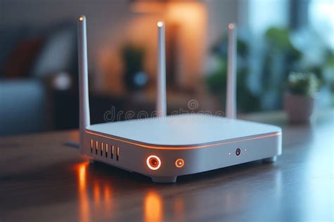Modern Wireless Router With Antennas Sitting On A Wooden Table Illuminated By Soft Light Stock