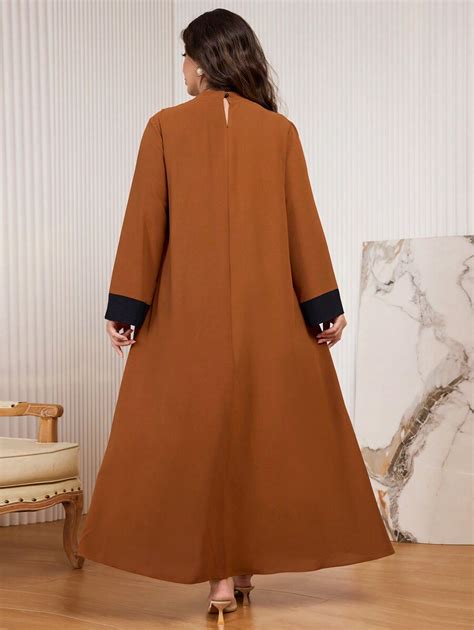 Shein Najma Plus Size Women Colorblock Long Sleeve Lace Trim Arabian