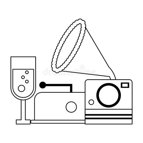 Gramphone Camera And Champagne Cup Black And White Stock Vector