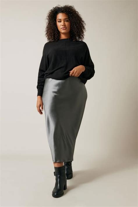 Evans Plus Size Grey Satin Slip On Midi Skirt Evans