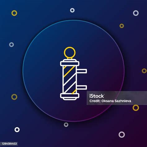 흰색과 노란색 라인 클래식 이발소 장대 아이콘은 어두운 파란색 배경에 격리 이발소 극 기호 다채로운 개요 개념 벡터 일러스트레이션 검은색에 대한 스톡 벡터 아트 및 기타