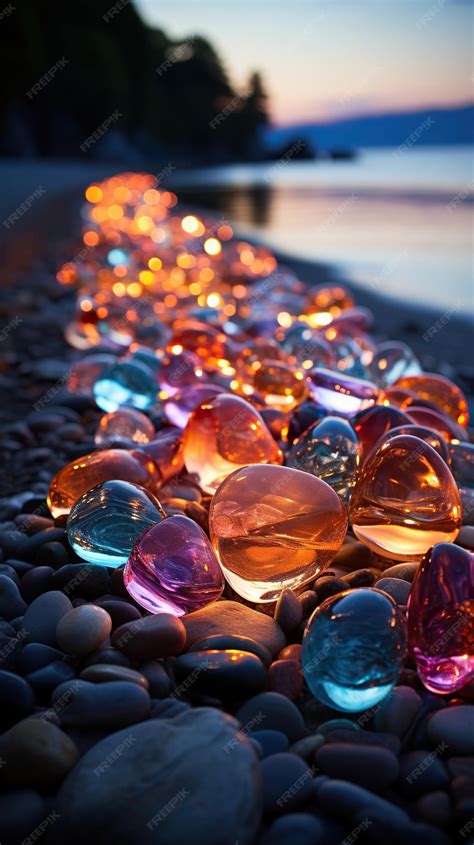 Premium Photo Sunset Serenade Colorful Glass Pebbles On A Beachstones