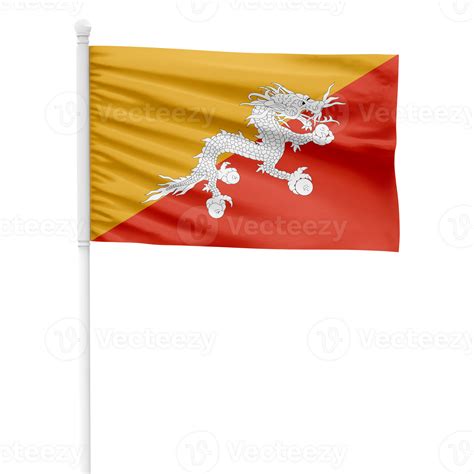 Realistic Rendering Of The Bhutan Flag Waving On A White Metal Pole