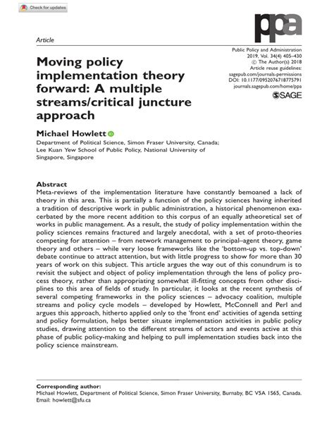 Howlett 2019 Moving Policy Implementation Theory Forward A Multiple Streams Critical