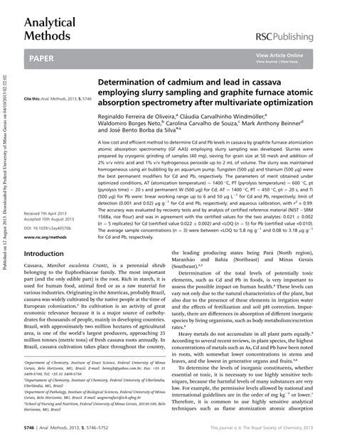 Pdf Determination Of Cadmium And Lead In Cassava Employing Slurry