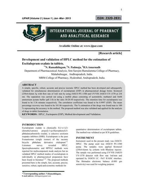 Development And Validation Of Hplc Method For The Estimation Of Escitalopram Oxalate In Tablets