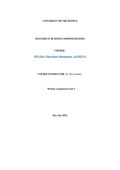 BUS 5116 Written Assignment Unit 4 7664a66459 Da18c19347 Aa59aede074b UNIVERSITY OF THE PEOPLE