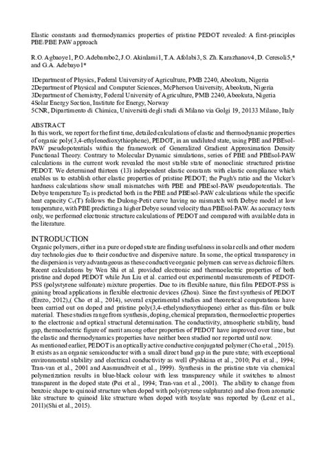 Pdf Elastic Constants And Thermodynamics Properties Of Pristine Pedot Revealed A First
