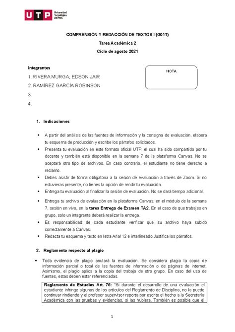 Crt1 Cgt Tarea Académica 2 ComprensiÓn Y RedacciÓn De Textos I G01t Tarea Académica 2 Ciclo