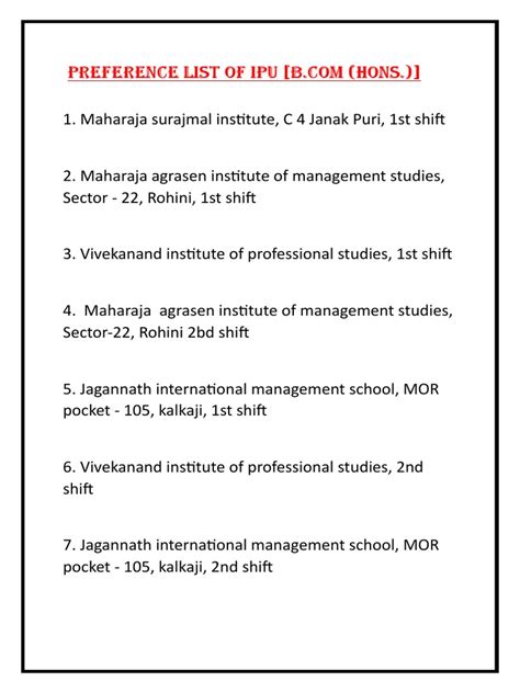 Preference List Of Ipu Pdf