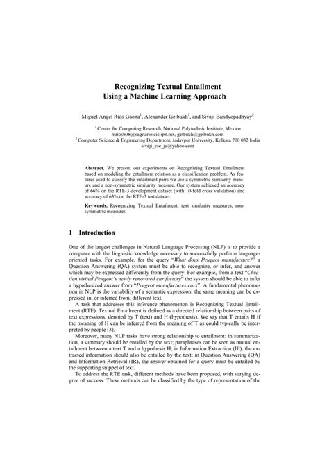 Pdf Recognizing Textual Entailment Using A Machine Learning Approach