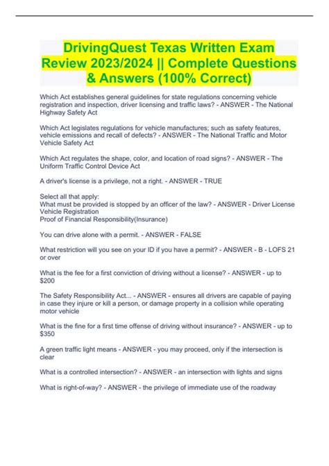 Drivingquest Texas Written Exam Review 2023 2024 Complete Questions