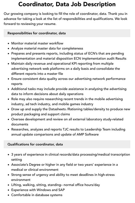 Coordinator Data Job Description Velvet Jobs