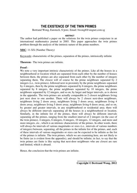 Pdf The Existence Of The Twin Primes