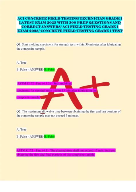 Aci Concrete Field Testing Technician Grade 1 Latest Exam 2025 With 300 Prep Questions And