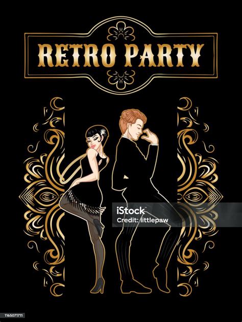 복고풍 파티 카드 남자와 여자 옷을 입고 1920 년대 스타일 댄스 플래퍼 여자 잘 생긴 남자 빈티지 정장 이십 벡터 일러스트 축하에 대한 스톡 벡터 아트 및 기타 이미지