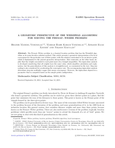 Pdf A Geometric Perspective Of The Weiszfeld Algorithm For Solving The Fermat Weber Problem