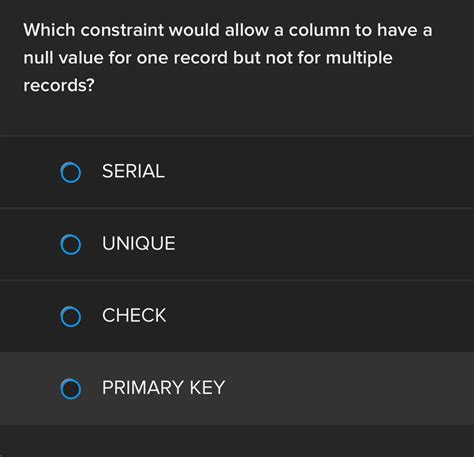 Solved Which Constraint Would Allow A Column To Have A Null Chegg Com