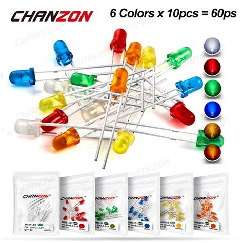 Diffused 3mm Led Diode Kit White Red Green Blue Yellow Orange 2v 3v Bulb Light Emitting