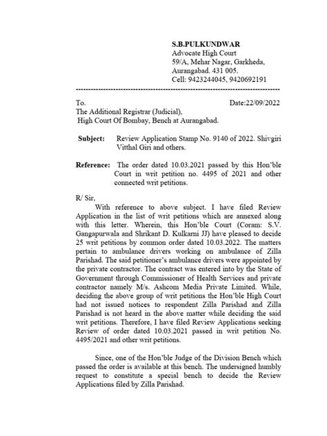 Letter To Registrar To Constitute Special Bench In Review Applicatio No 9140 Of 2022 15092022