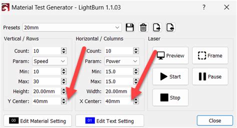 material test generator gap between squares lightburn software