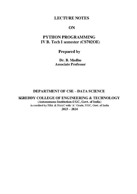 Python Programming Digital Notes Dr B Madhu Lecture Notes On Python Programming Iv B Tech