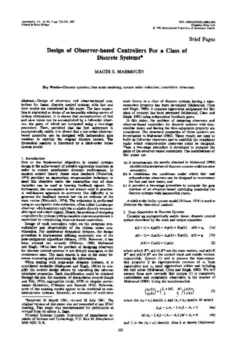 Pdf Design Of Observer Based Controllers For A Class Of Discrete Systems