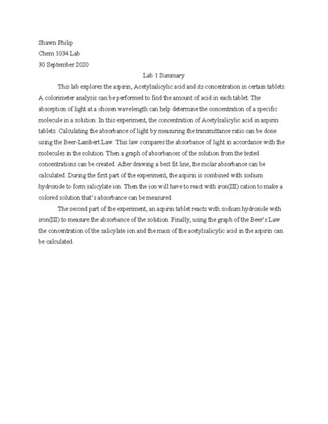 Lab 1 Summary Post Lab CHEM 1034 Temple University Studocu