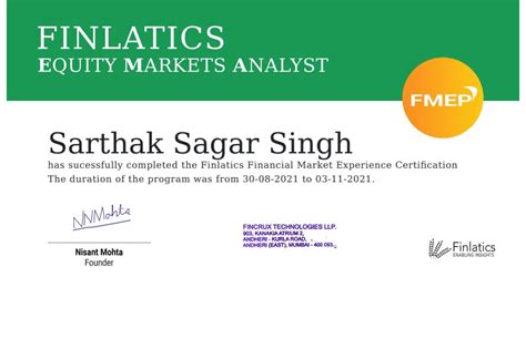 I Have Successfully Completed The Finlatics Market Experience Program