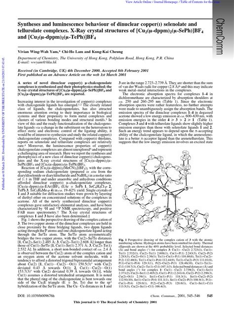 Syntheses And Luminescence Behaviour Of Dinuclear Copper Selenolate And Tellurolate Complexes X