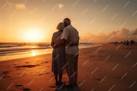 An Older Couple On A Beach Watching The Sunset Premium Ai Generated Image